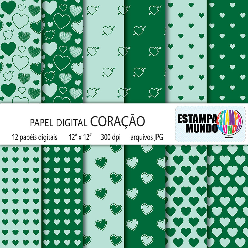 Papel Digital Coração Verde Escuro - Estampa Mundo - Estúdio Criativo