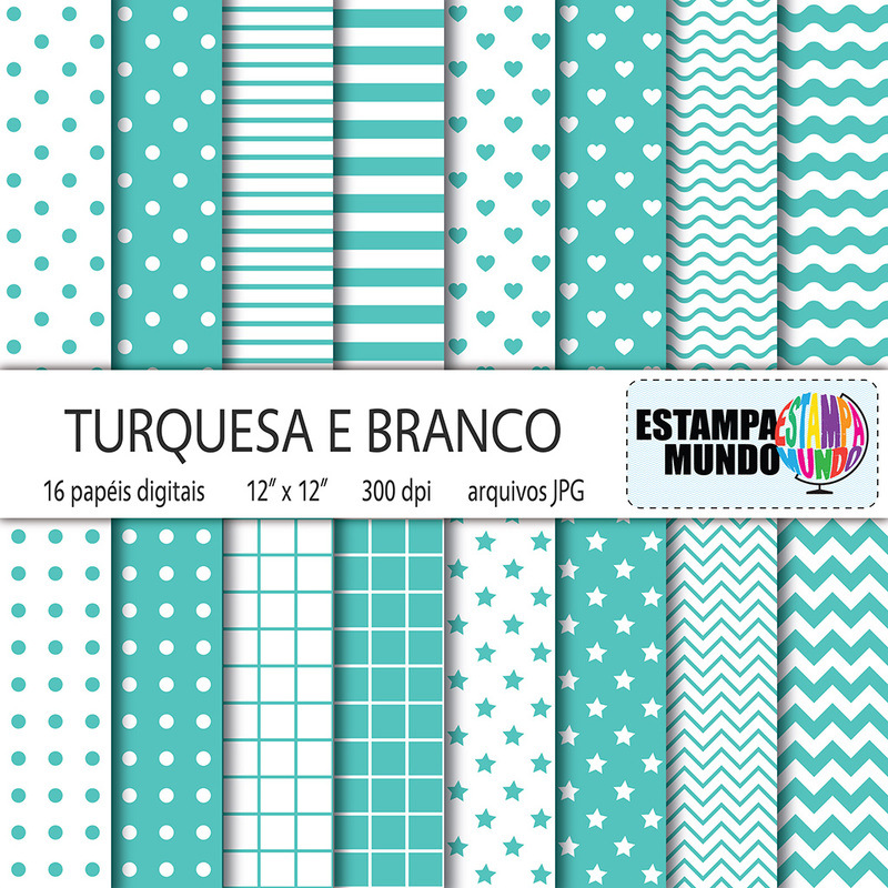 Papel Digital Turquesa e Branco - Estampa Mundo - Estúdio Criativo